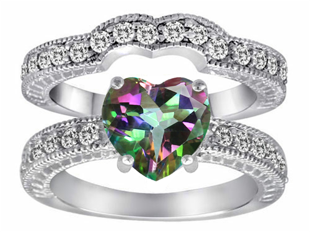 Star K 8mm Heart Shape Rainbow Mystic Topaz Wedding Set 309744